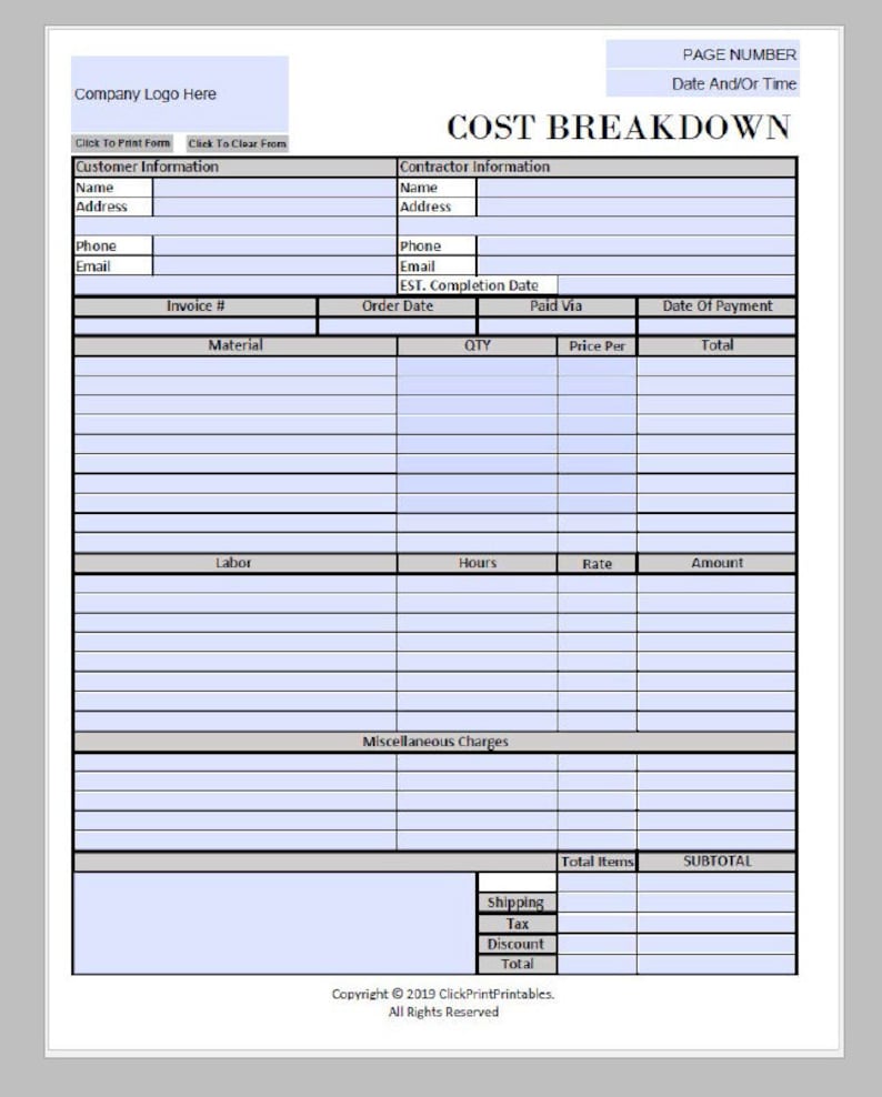 Construction Project Cost Breakdown Template Simple Minimal Editable ...