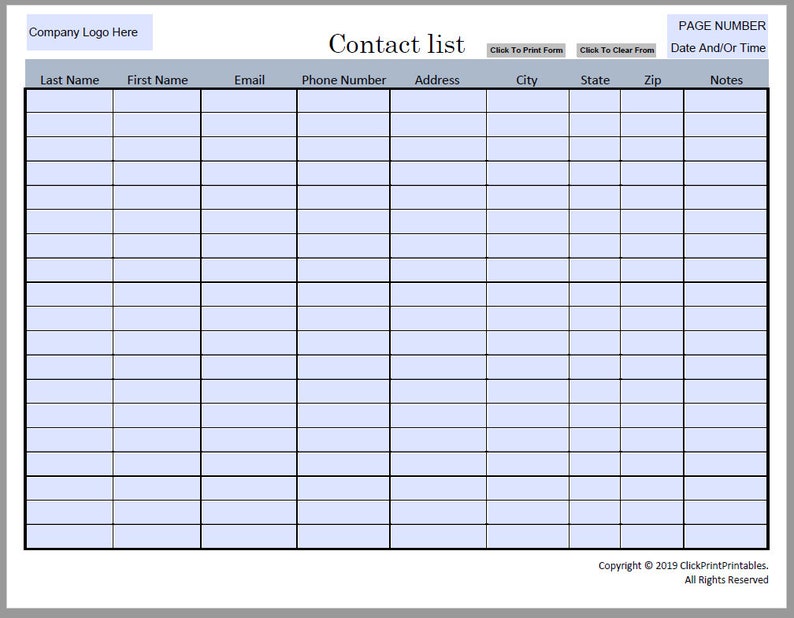 Simple Minimal Editable Contact List Template Downloadable Printable ...