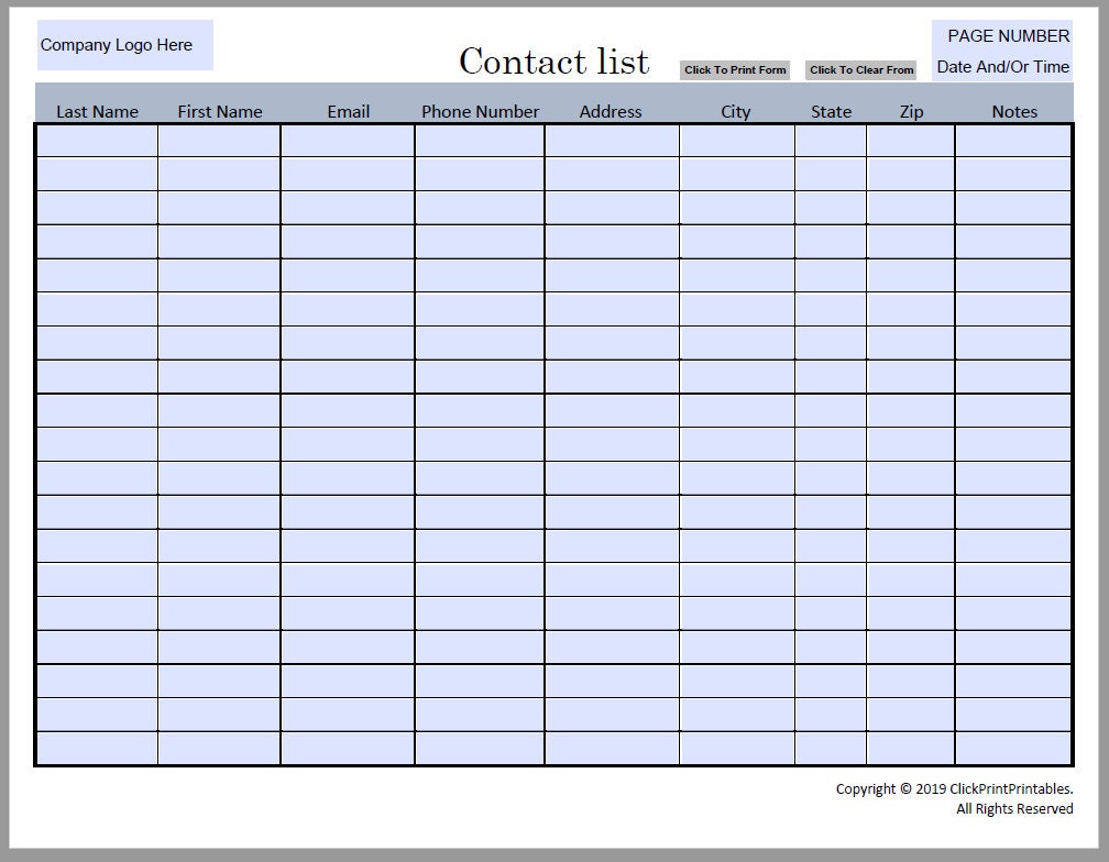 Simple Minimal Editable Contact List Template Downloadable Printable ...