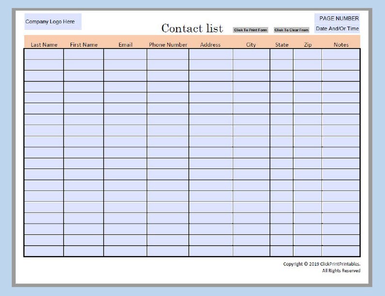 Simple Minimal Editable Contact List Template Downloadable Printable ...