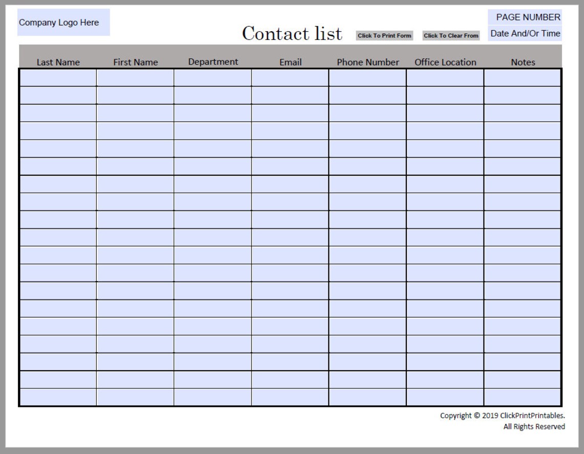 Simple Minimal Editable Contact List Template Downloadable Printable ...