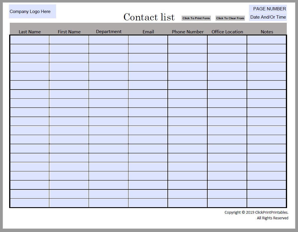 Simple Minimal Editable Contact List Template Downloadable Printable ...