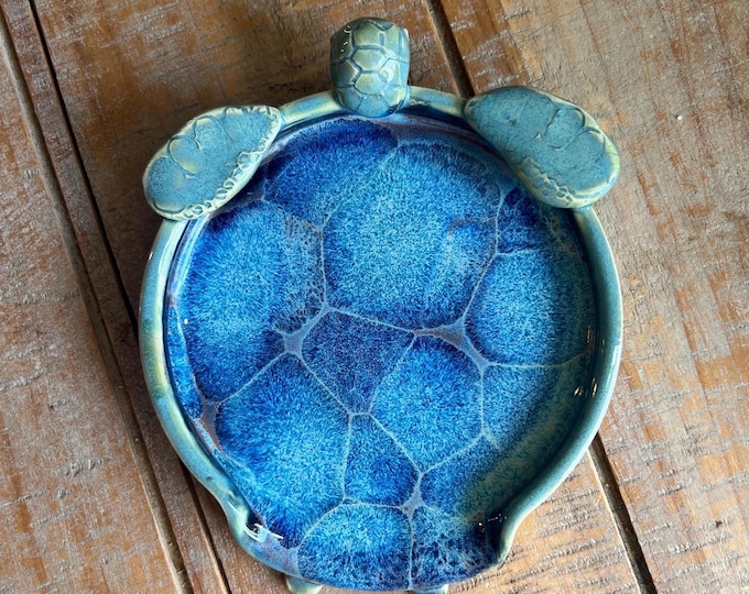 Handmade Turtle Spoon Rest With Unique Blue Shell Pattern Glaze - Ocean-themed Ceramic Kitchen ...