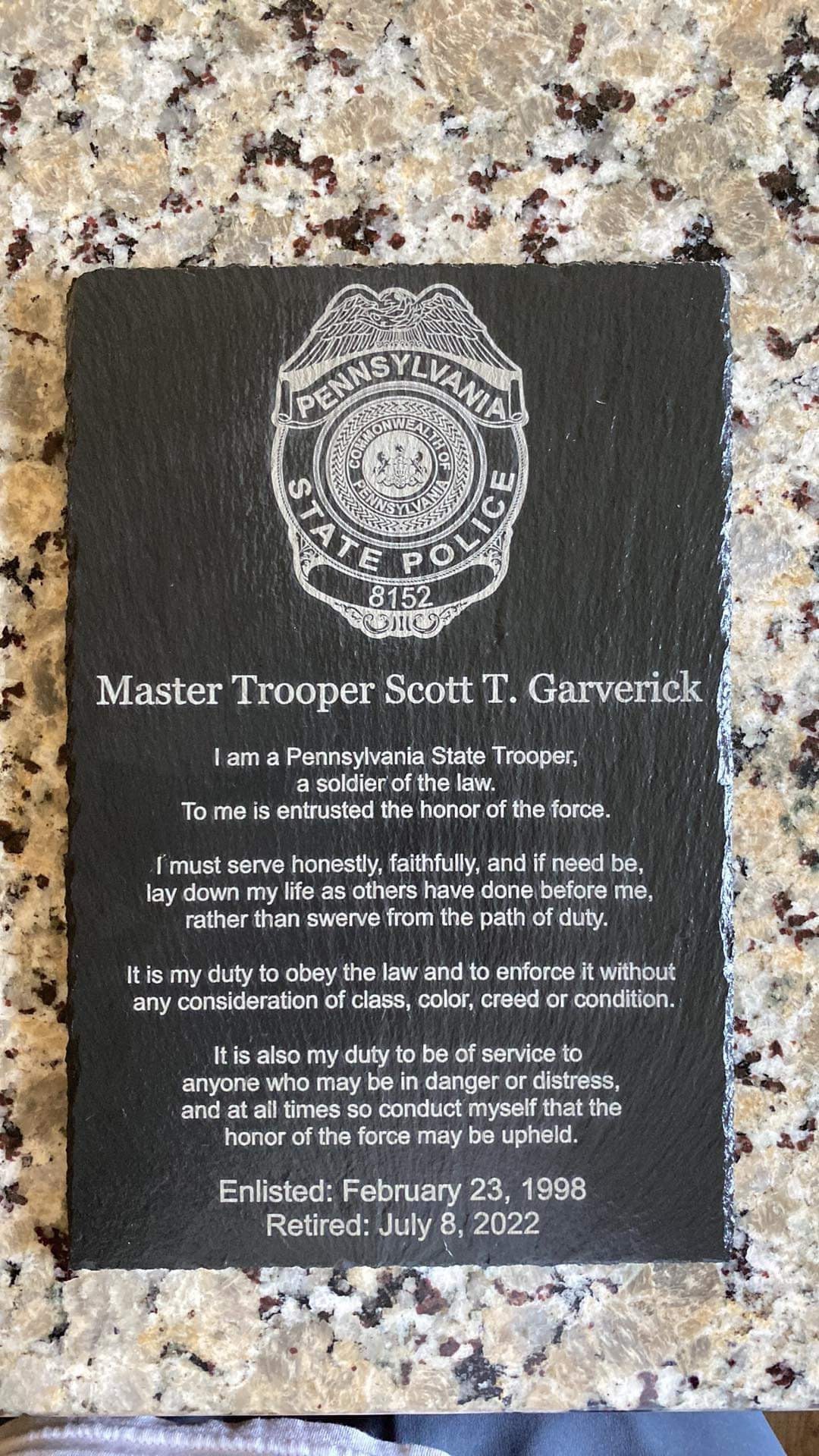 Personalized Pennsylvania State Police Slate, Trooper Retirement Gift ...