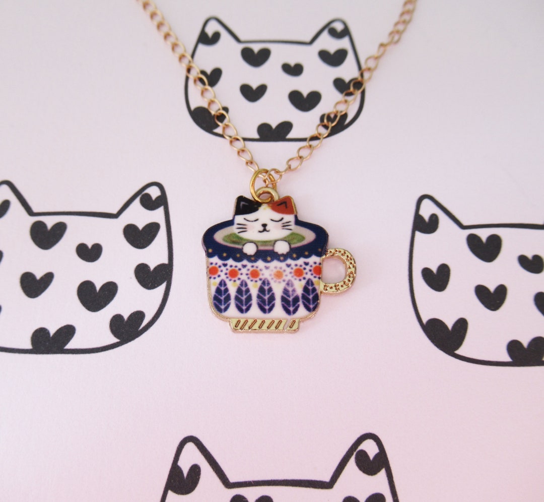 Calico Cat Necklace, Teacup Cat Charm Necklace, Calico Cat Gift, Cat ...