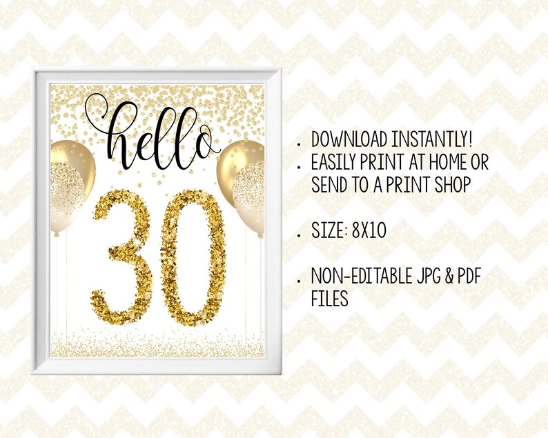 Printable Gold Hello 30 Sign 30th Birthday Sign Printable - Etsy