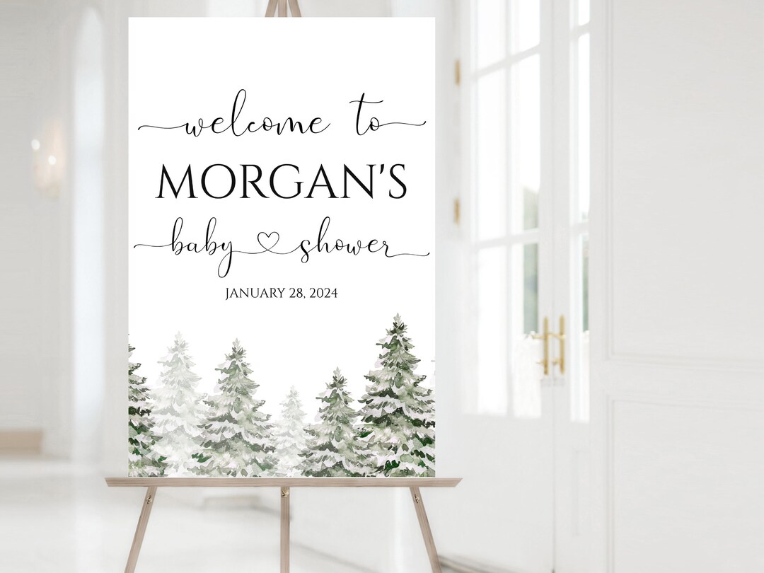 Baby Shower Editable Welcome Sign, Personalized Winter Evergreen Snowy ...