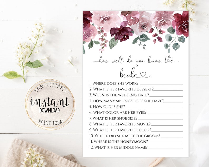 Bridal Shower Game Bundle Printable Burgundy Blush Who Knows Etsy