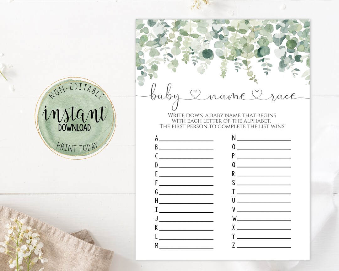 Baby Name Race Game Printable Eucalyptus Baby Shower Game - Etsy