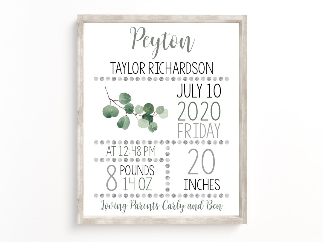 Newborn Baby Birth Information Sign, Eucalyptus Editable Newborn ...