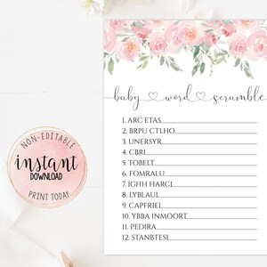 Baby Word Scramble Game, Printable Pink Floral Baby Shower Game, Mom to ...