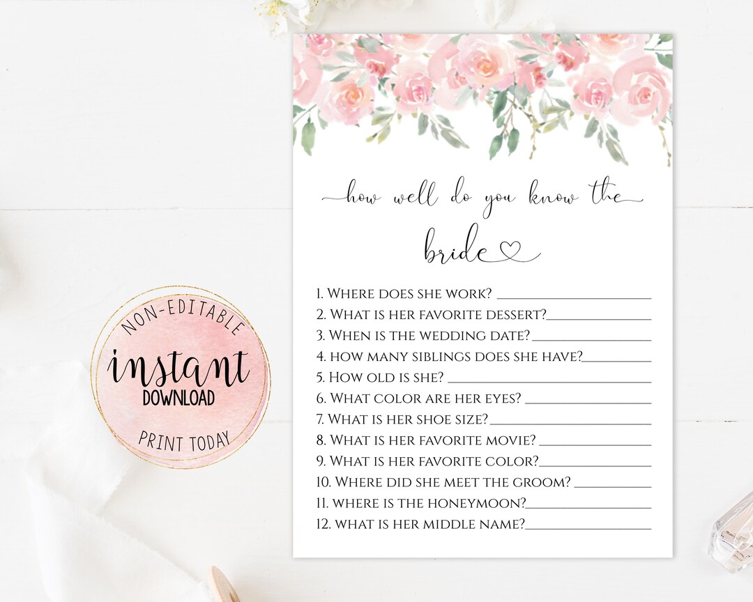 Bridal Shower How Well Do You Know the Bride Printable Game, Pink ...