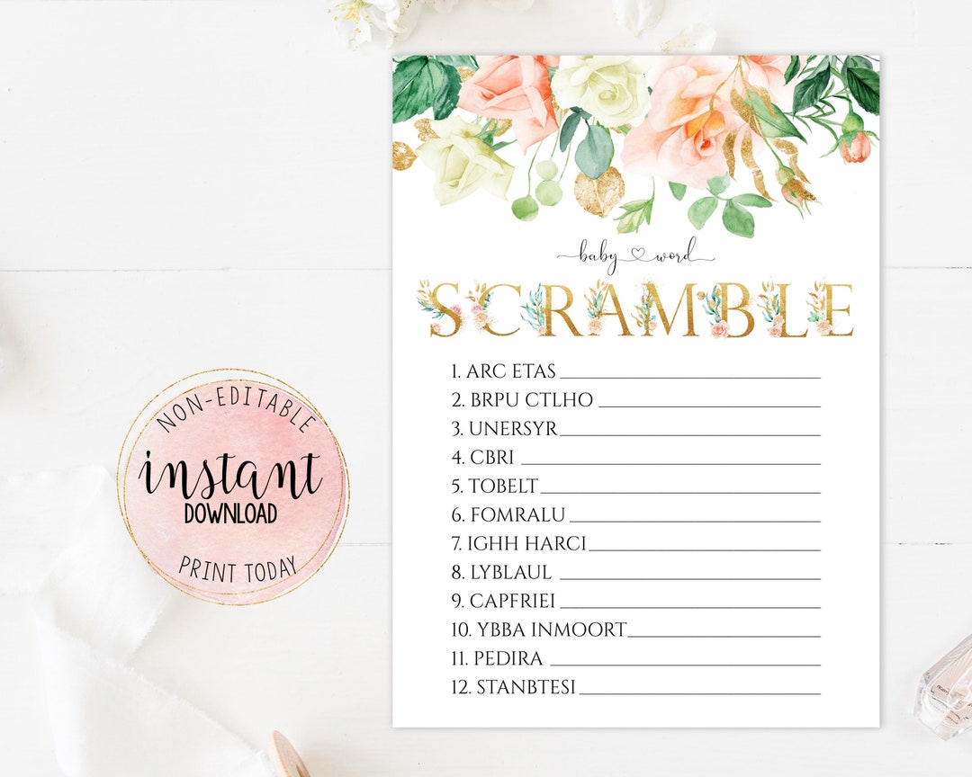 Printable Baby Word Scramble Game, Pink and Gold Floral Baby Shower ...