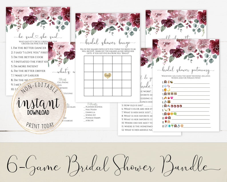 Bridal Shower Game Bundle Printable Burgundy Blush Who Knows Etsy