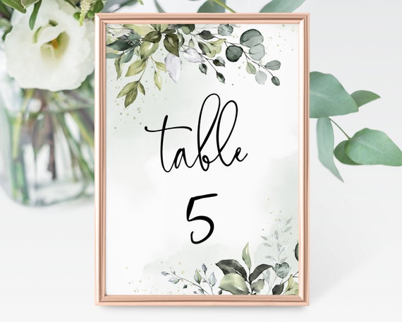 Boho Watercolor Greenery Wedding Table Numbers w/ Eucalyptus | Etsy