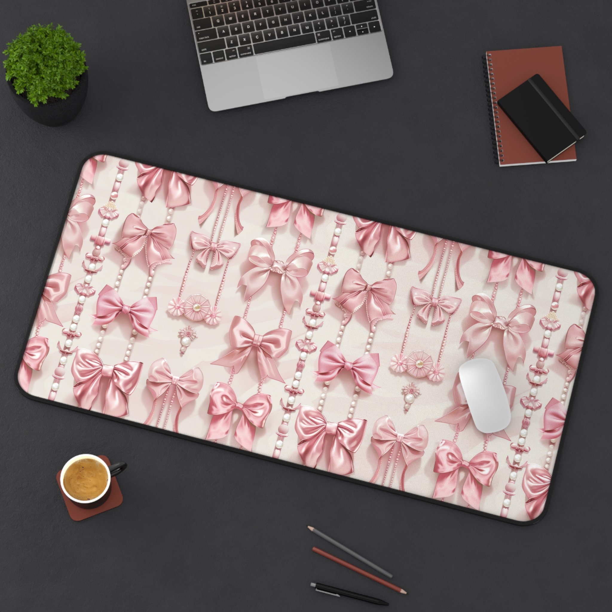 Coquette Charm Pink Bow Desk Mat Elegant Aesthetic Mouse Pad With Anti ...