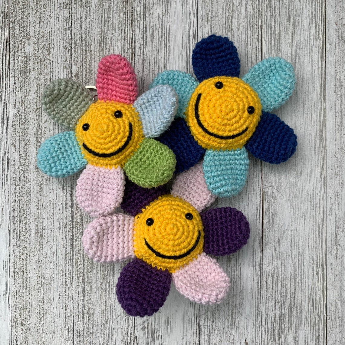 Smiley Flower Keychain Blue Crochet Keychain, Handmade, 100% Cotton ...