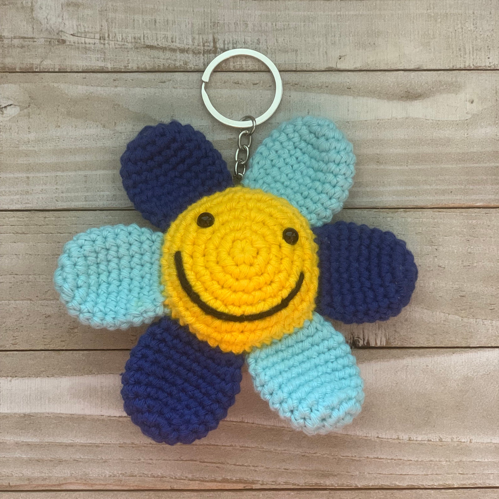 Smiley Flower Keychain Blue Crochet Keychain, Handmade, 100% Cotton ...