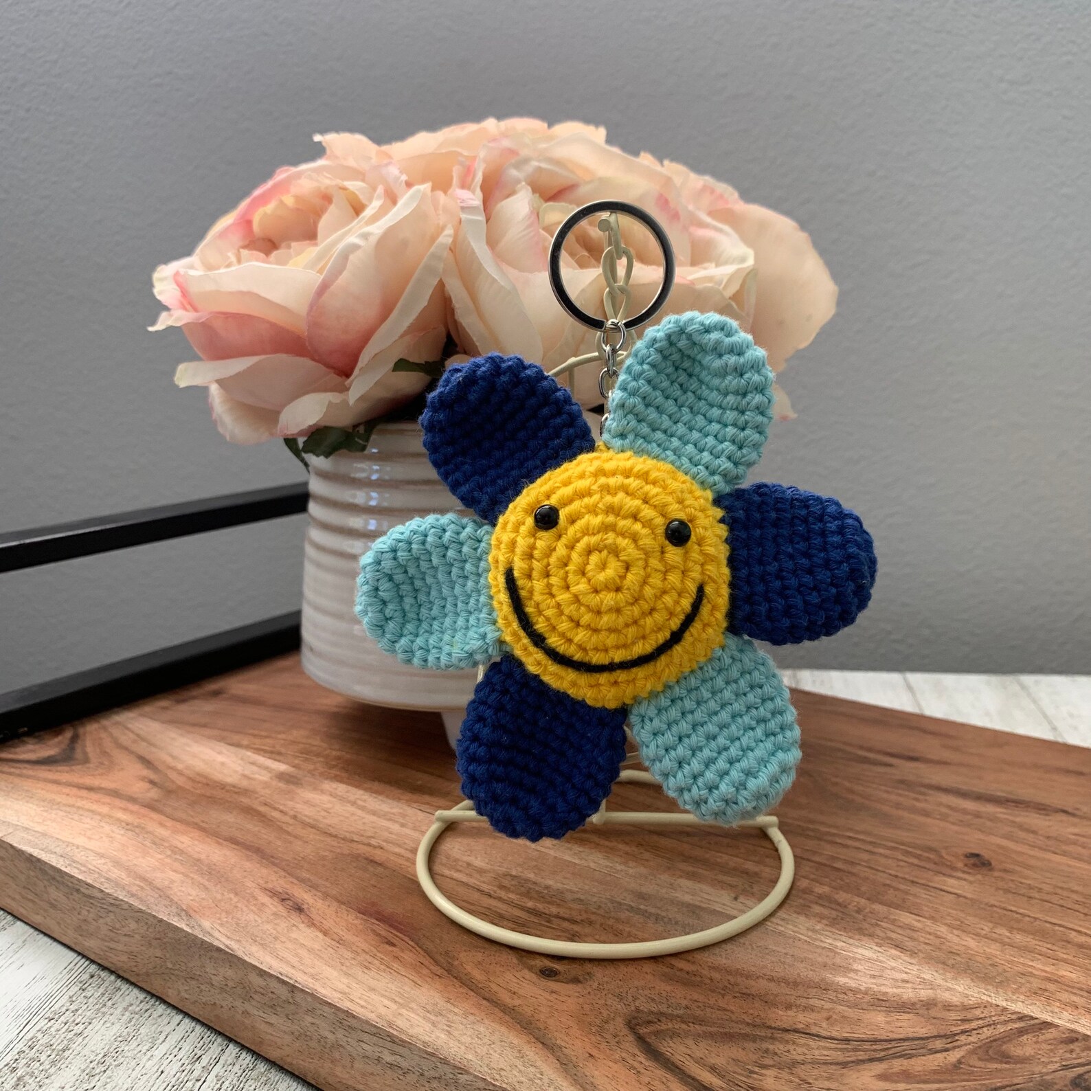 Smiley Flower Keychain Blue Crochet Keychain, Handmade, 100% Cotton ...