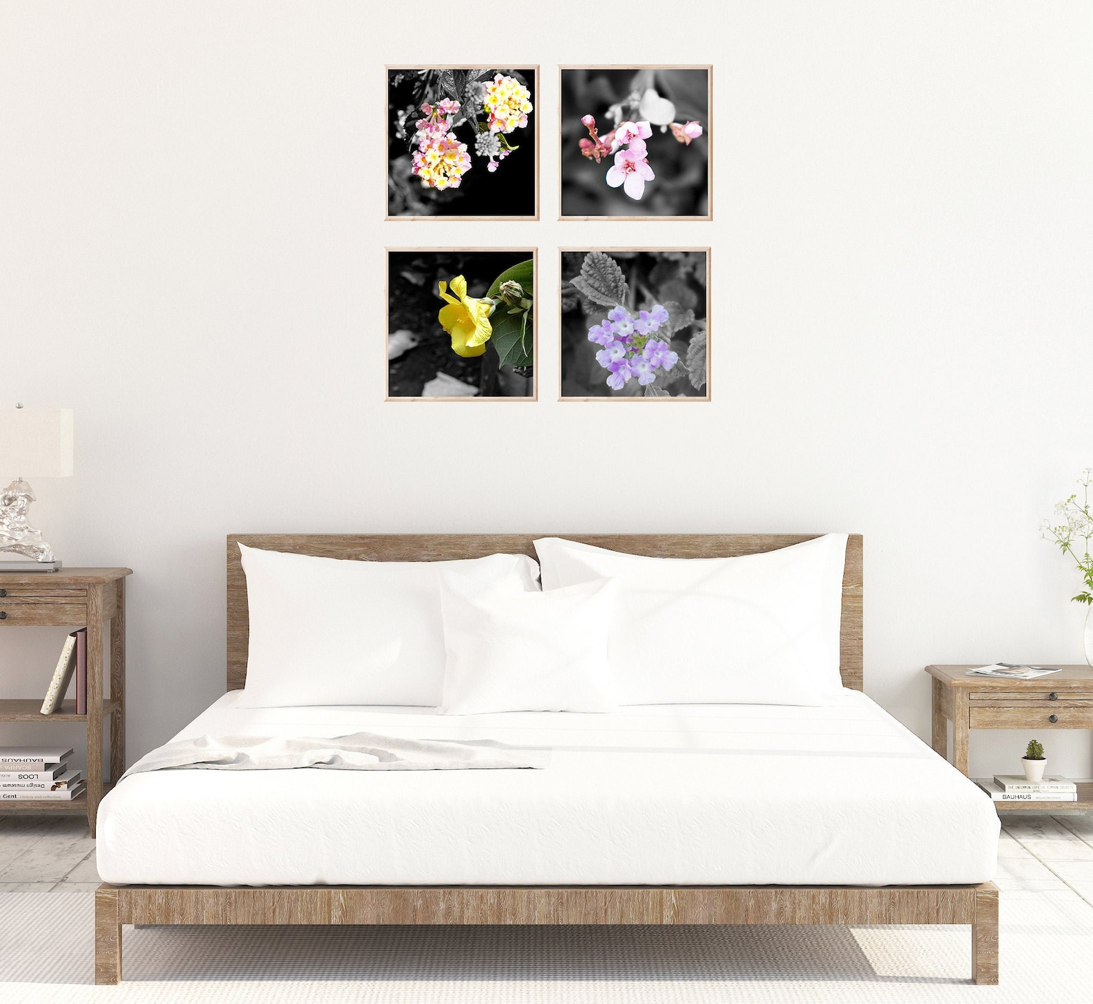 Floral Wall Art Set Four Flower Color Splash Prints Black | Etsy