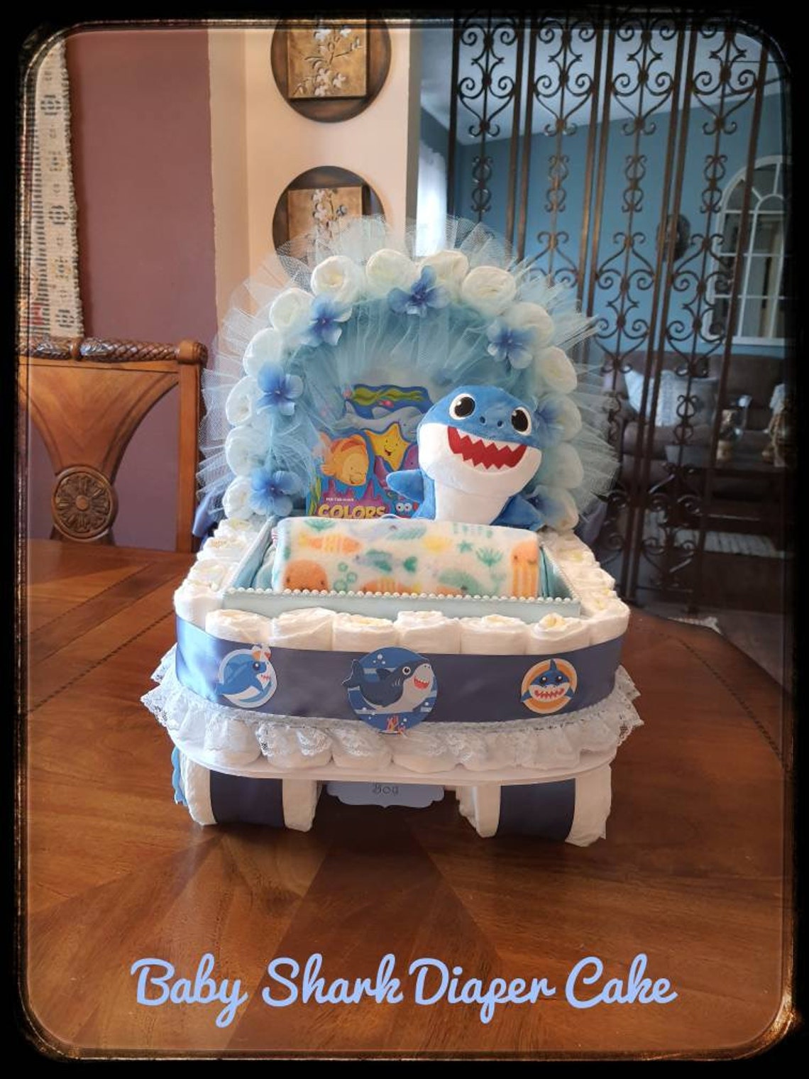 Baby Shark Diaper Cake Baby Shower Gift Blue Carriage Stroller - Etsy