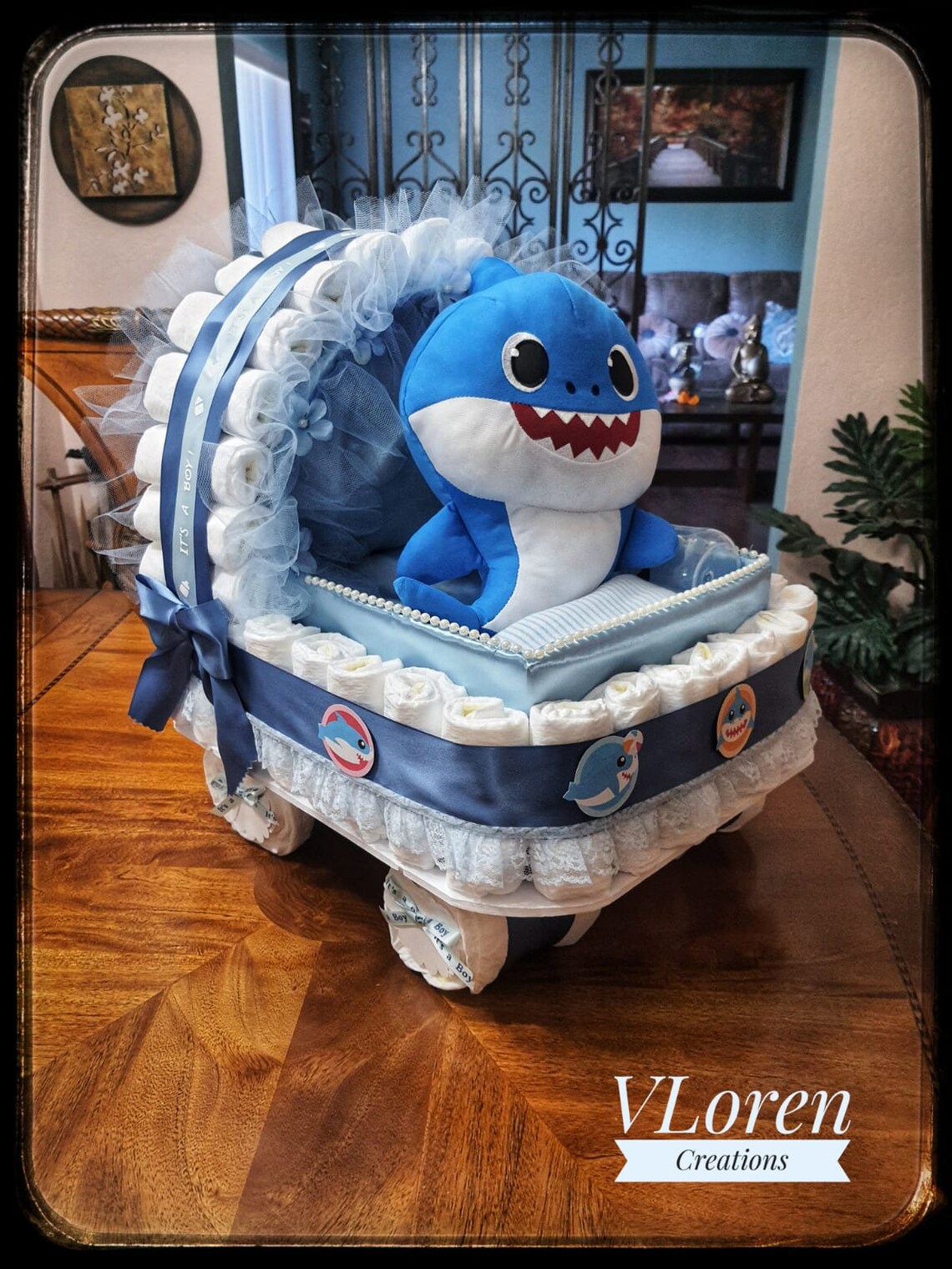 Baby Shark Diaper Cake Baby Shower Gift Blue Carriage Stroller - Etsy