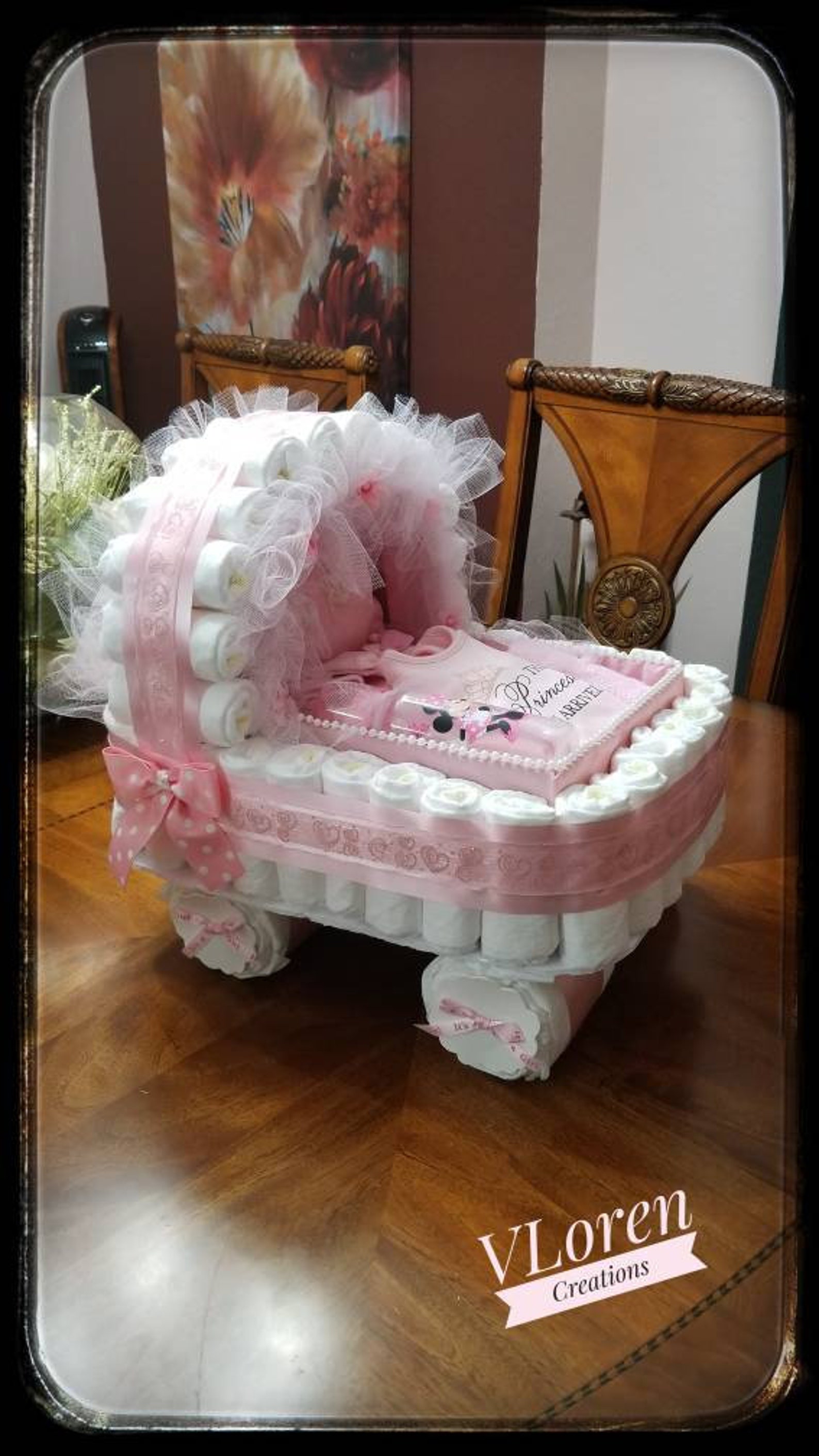 Diaper Cake, Baby Gift Diaper Cake Pink Carriage, Bassinet, Stroller ...