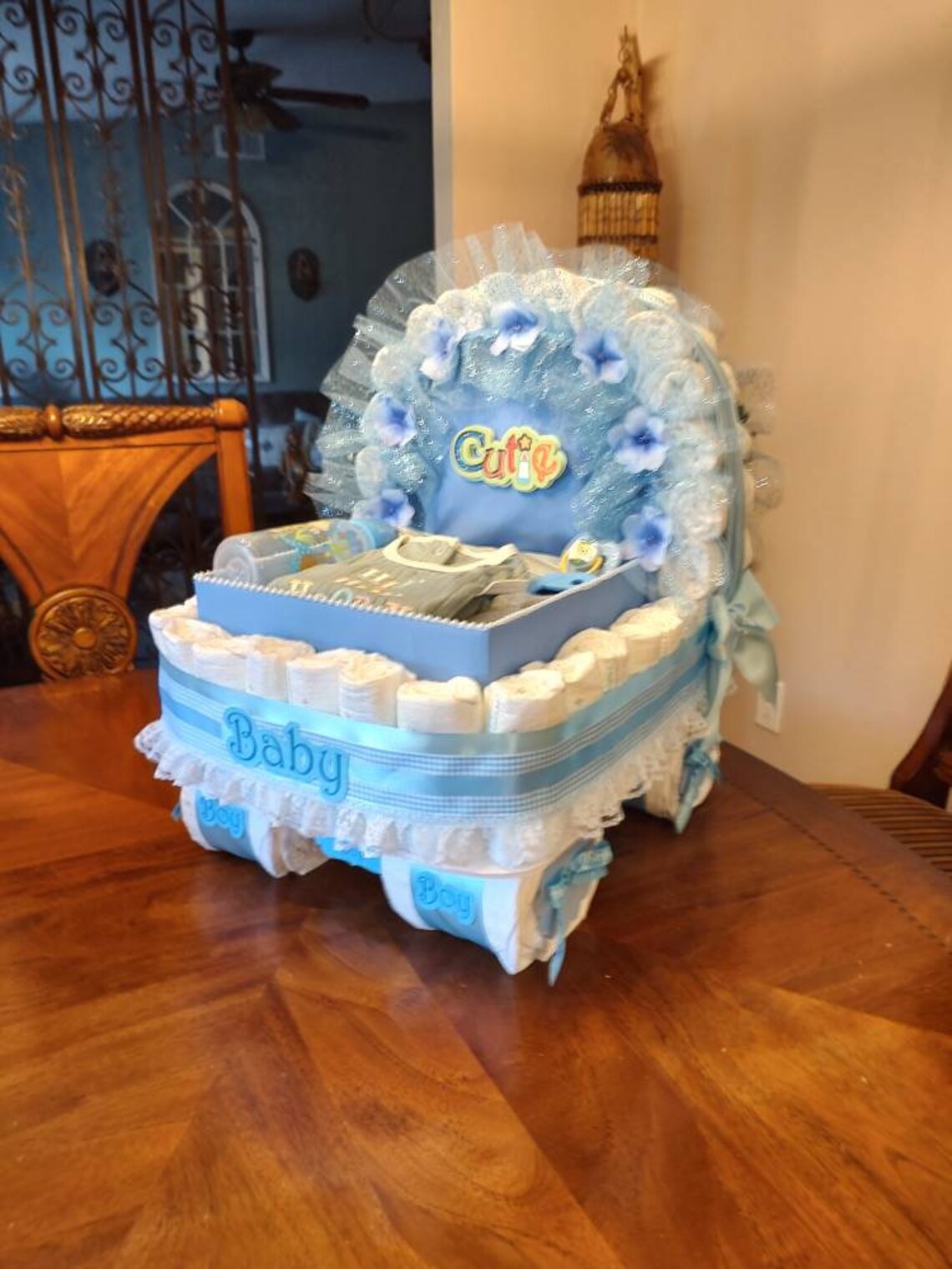 Diaper Cake, Baby Gift Diaper Cake, Blue Carriage Bassinet Stroller ...