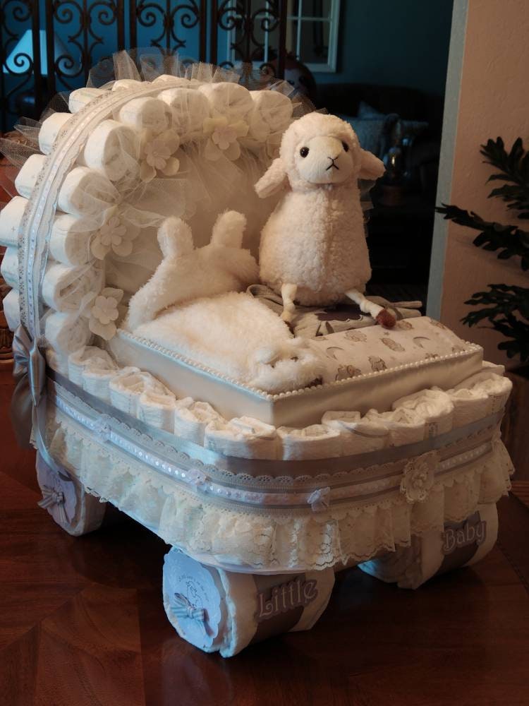 Baby Shower Gift, Lamb Diaper Cake, Sheep Theme, Stroller, Carriage ...