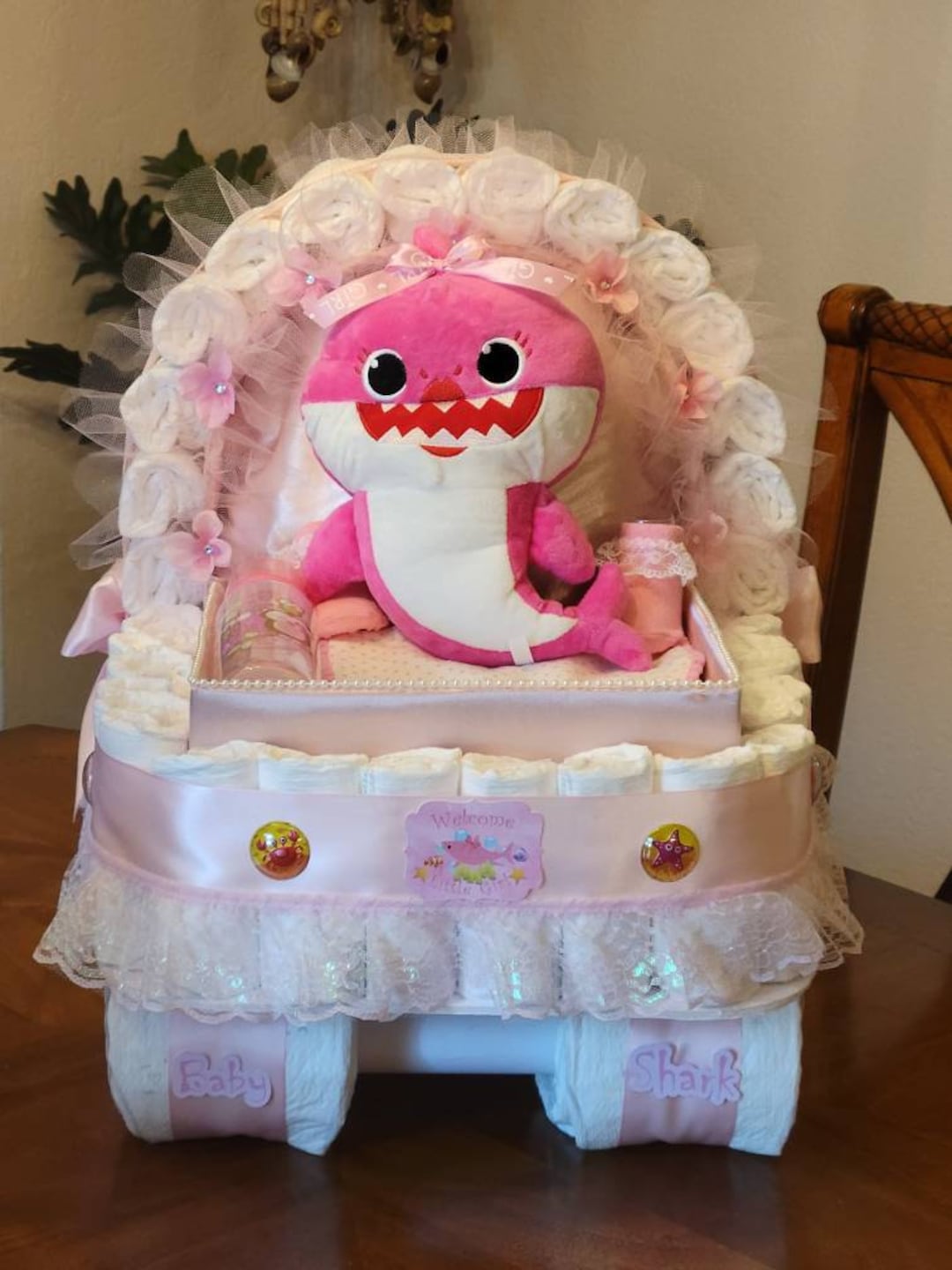 Baby Shark Diaper Cake Baby Shower Gift Pink Carriage Stroller - Etsy