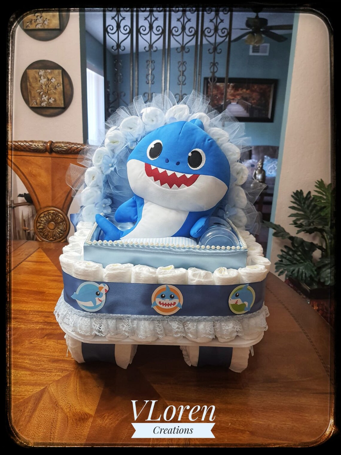 Baby Shark Diaper Cake Baby Shower Gift Blue Carriage Stroller - Etsy