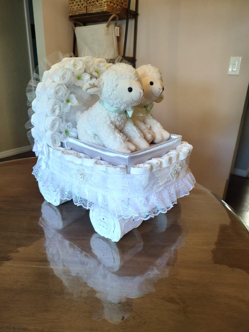 Twin Lamb Diaper Cake: Neutral Baby Shower Stroller Gift - Etsy