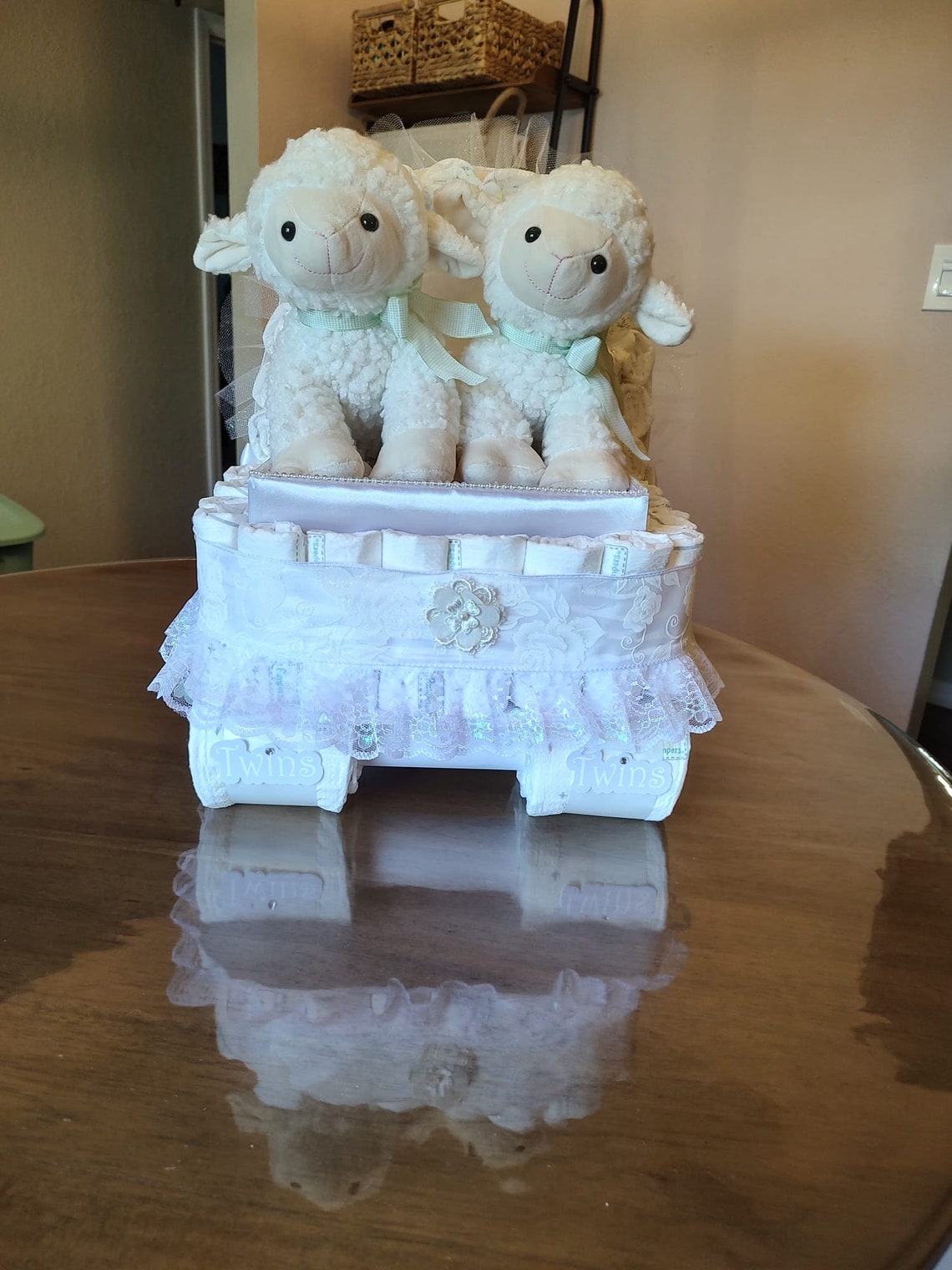 Twin Lamb Diaper Cake: Neutral Baby Shower Stroller Gift - Etsy