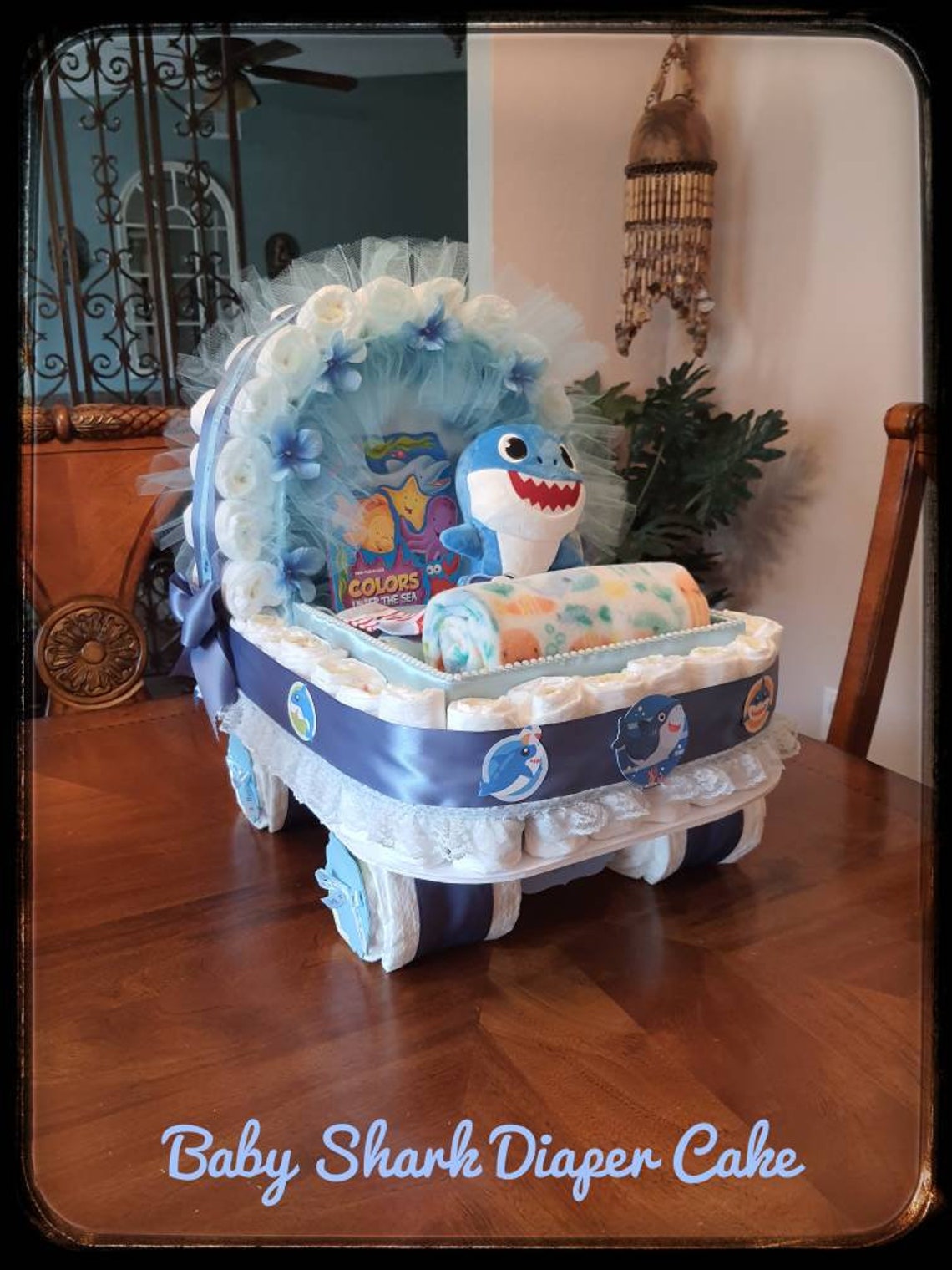 Baby Shark Diaper Cake Baby Shower Gift Blue Carriage Stroller - Etsy