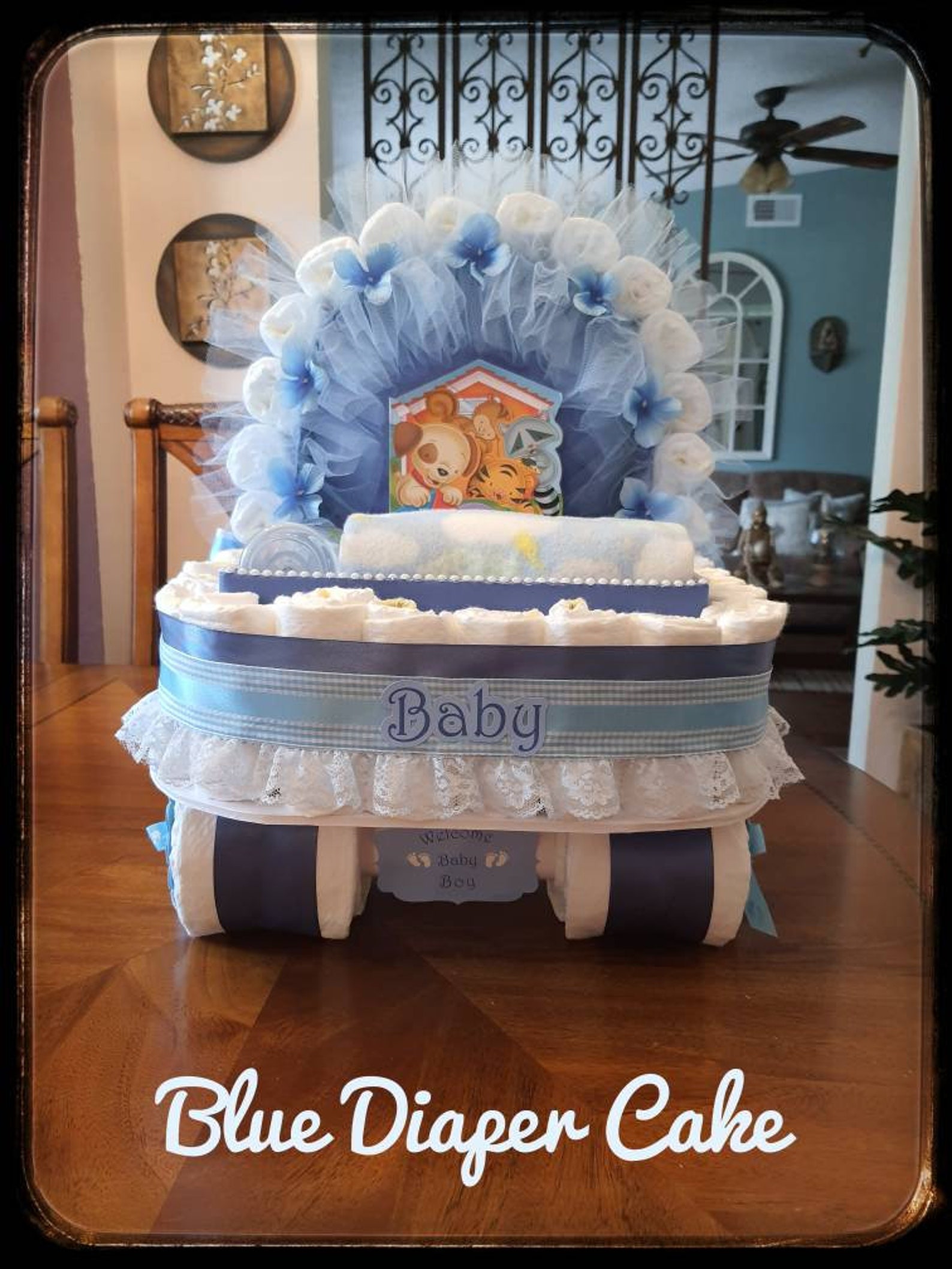 Diaper Cake, Welcome Baby Blue Basket Baby Shower Gift Diaper Cake - Etsy