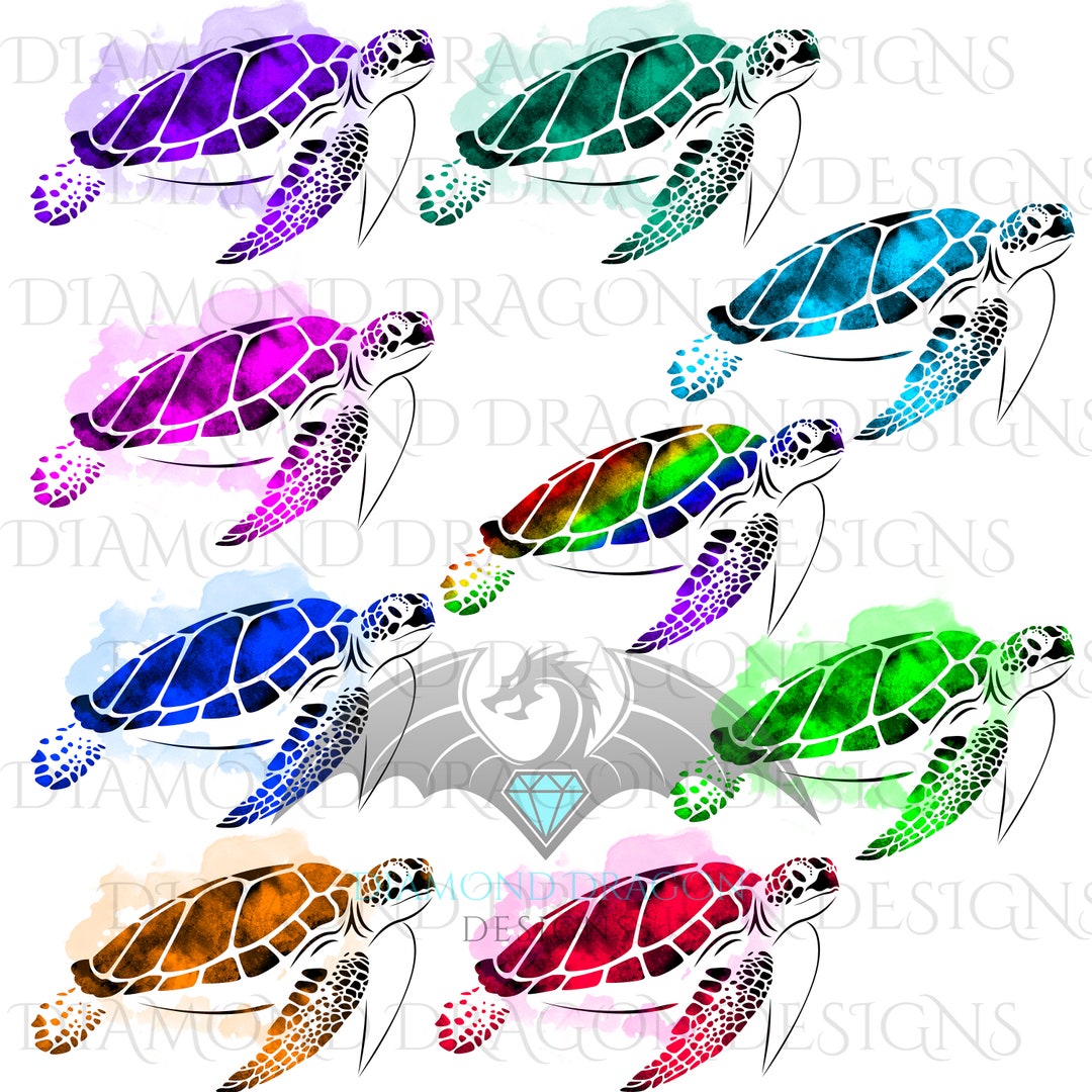 Sea Turtle, Watercolor Sea Turtle, 9 Image Bundle, Rainbow Sea Turtle ...