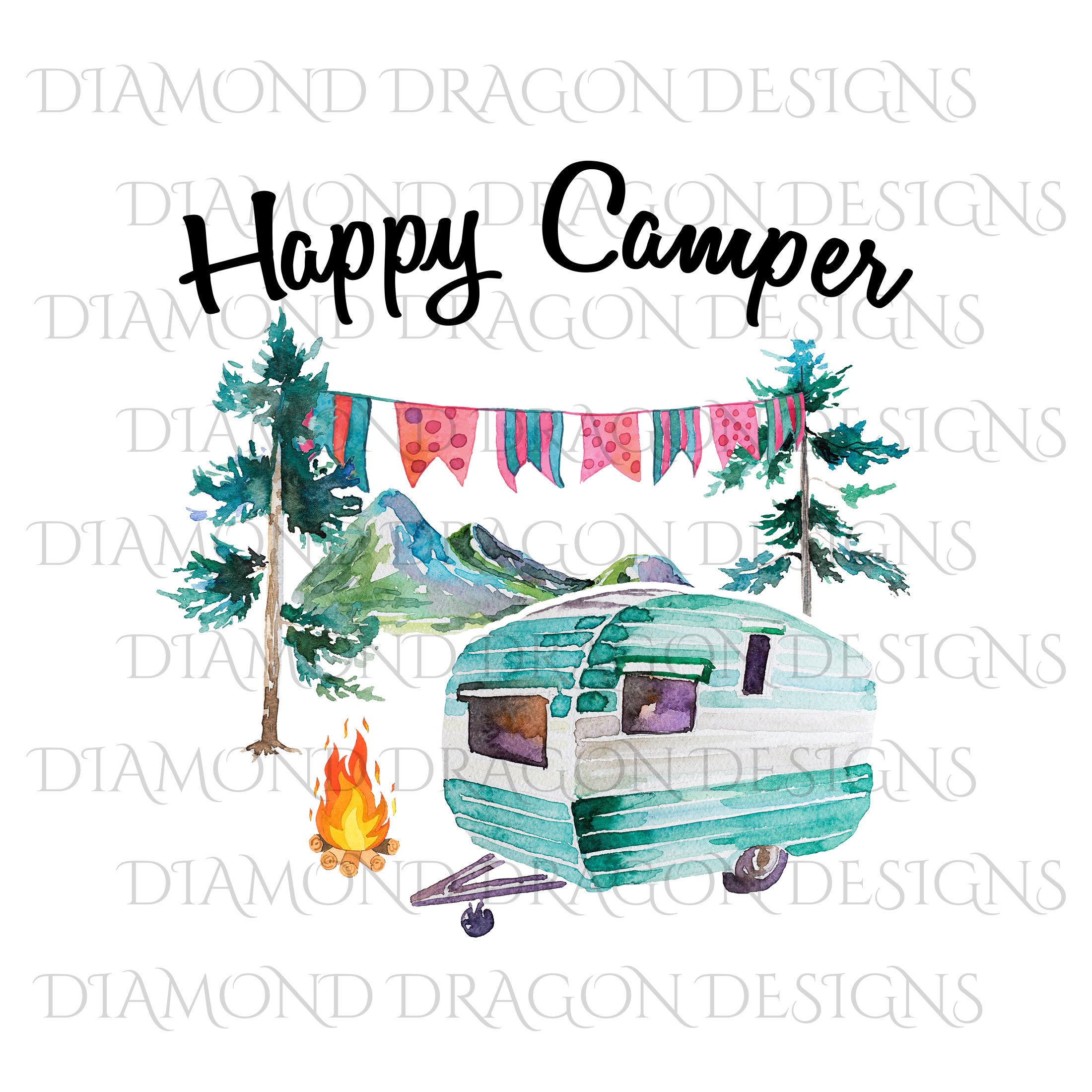Happy Camper Camping Watercolor Camper Happy Camper Quote - Etsy