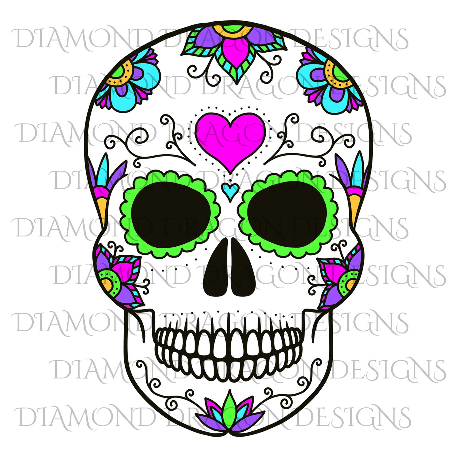 Sugar Skull, Flowers Heart Skull, Floral Sugar Skull, Digital Image ...
