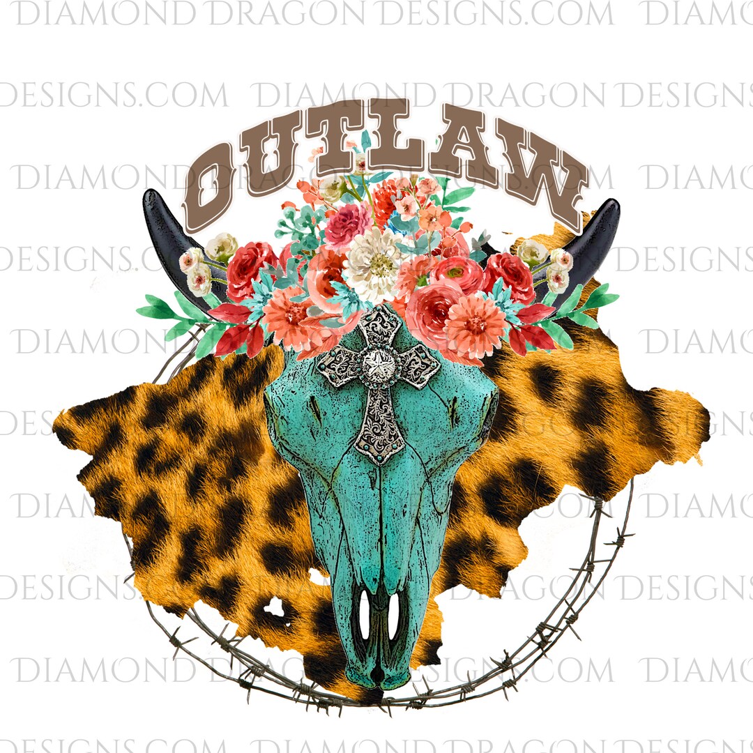 Outlaw, Western, Cow Skull, Floral, Leopard Print, Barbed Wire, Bull ...