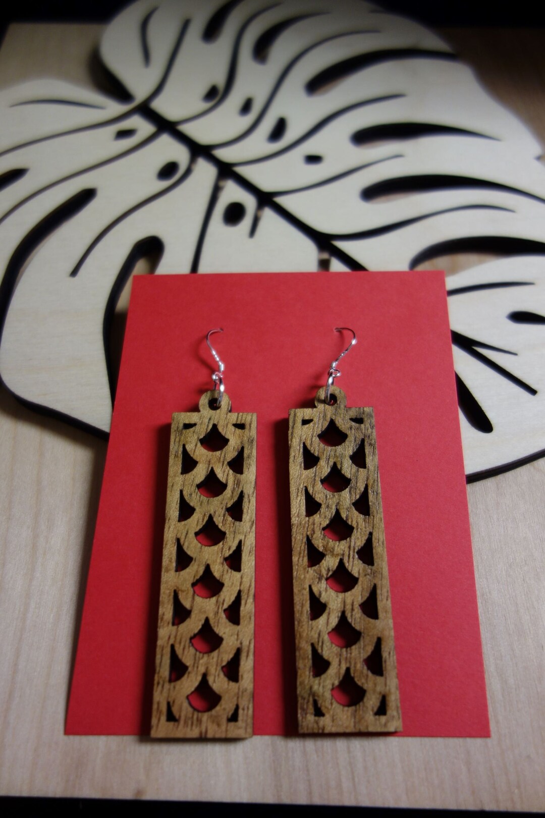 Solid Koa Wood Scales Design Laser Cut Dangling Earrings Sterling ...