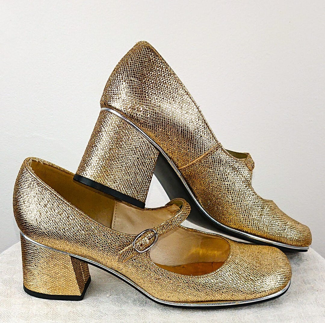 70s Shoes Pumps With Strap Glam Rock Gold Lurex Ladies Shoes Size 6 / 4 ...
