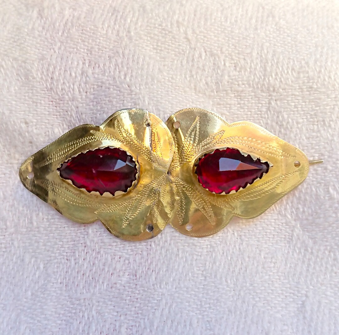 Swedish Antique Folk Art Silver Brooch Gold Wash Red Glass Hand Crafted ...