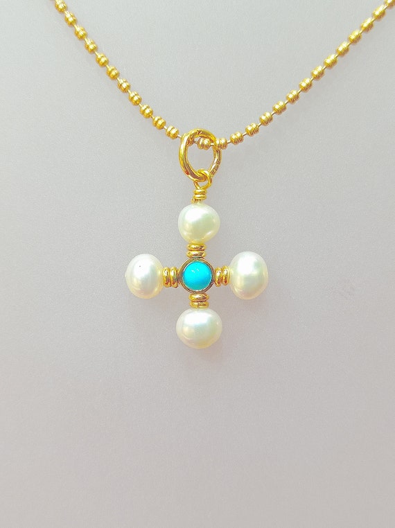 Pearl Cross With Turquoiseyellow Gold Pearl Cross Solid Gold | Etsy