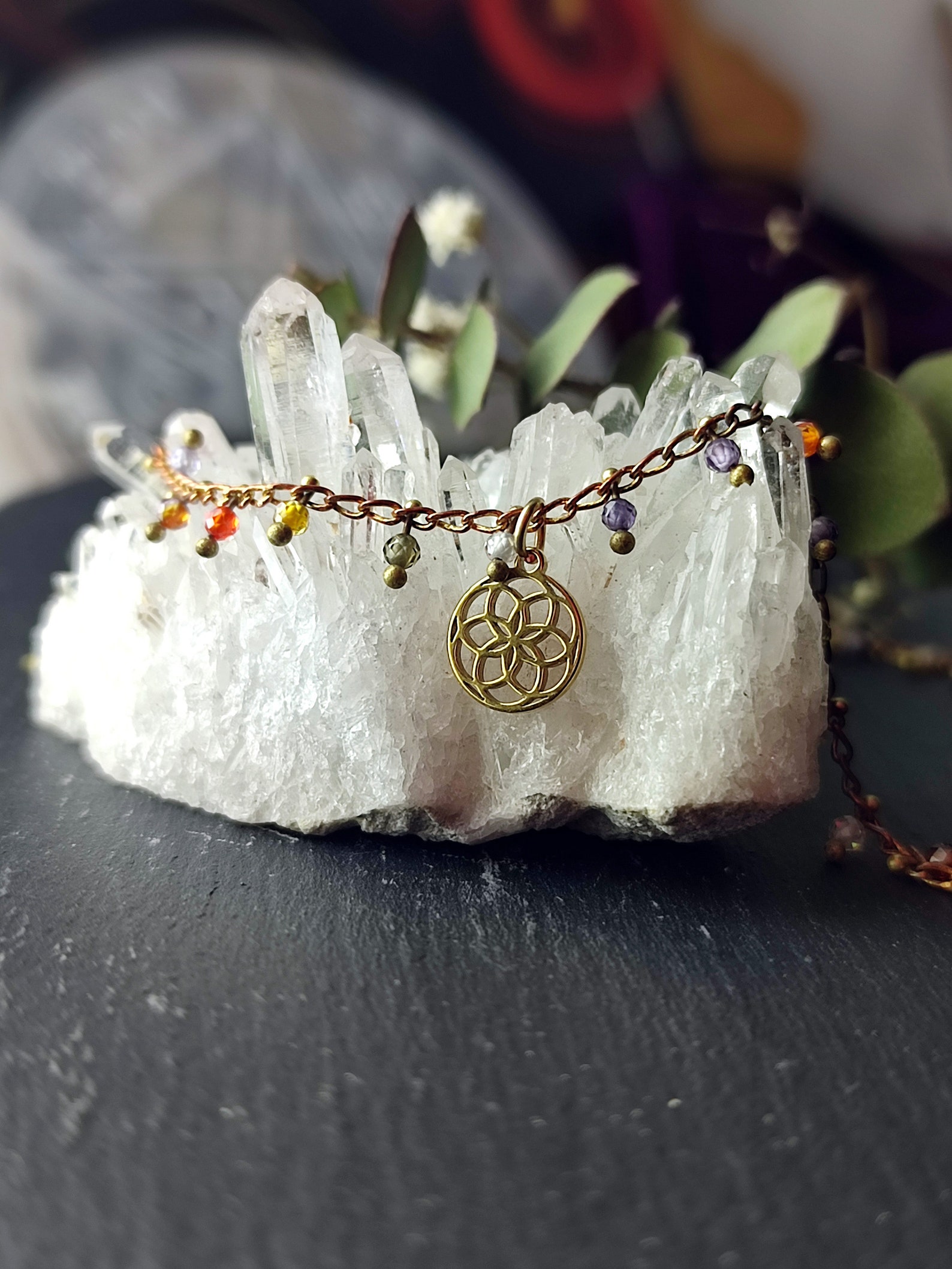 SIMBOLIKS Chain With Coloured Crystals, Stainless Steel Seed of Life ...