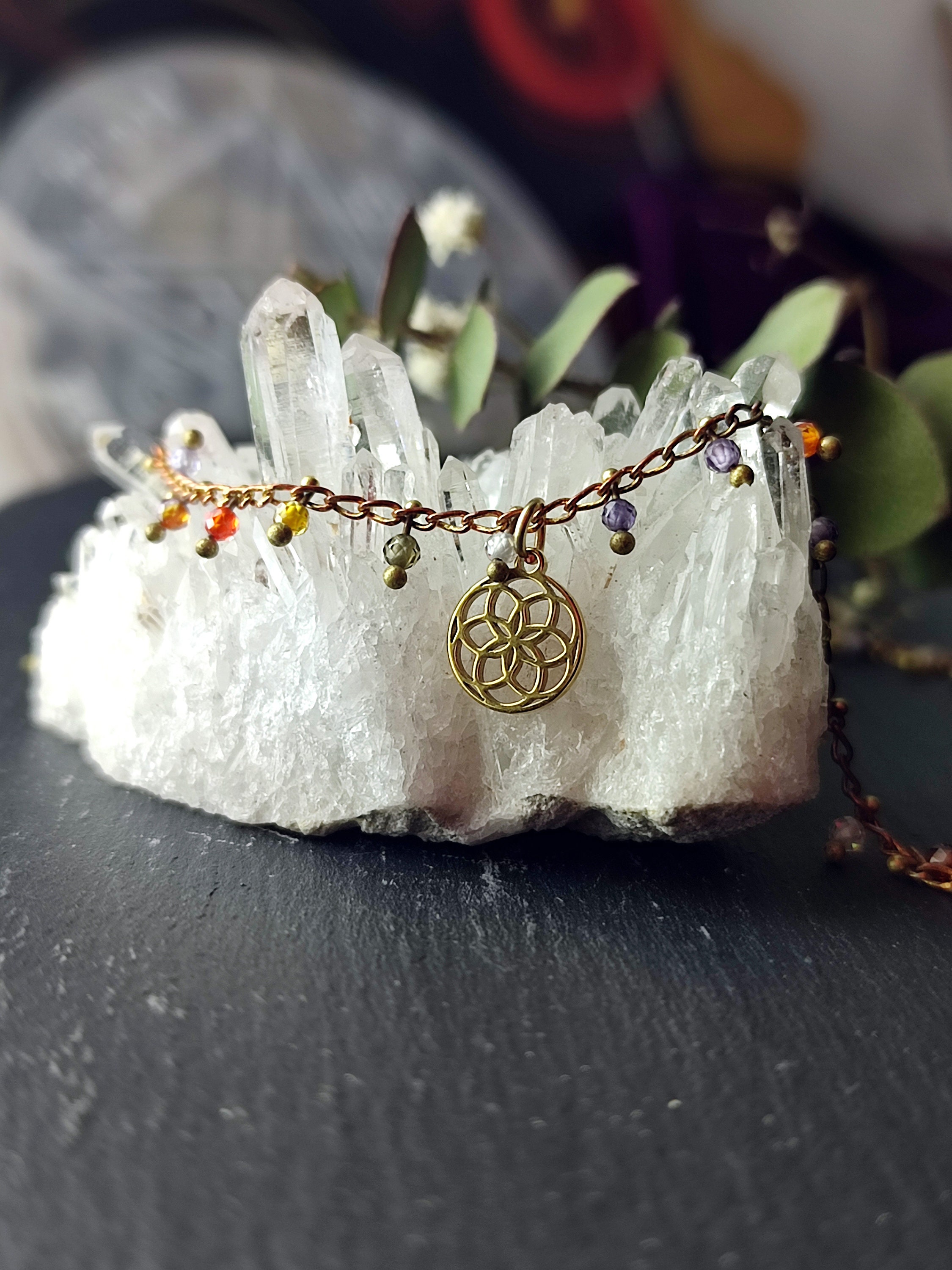 SIMBOLIKS Chain With Coloured Crystals, Stainless Steel Seed of Life ...