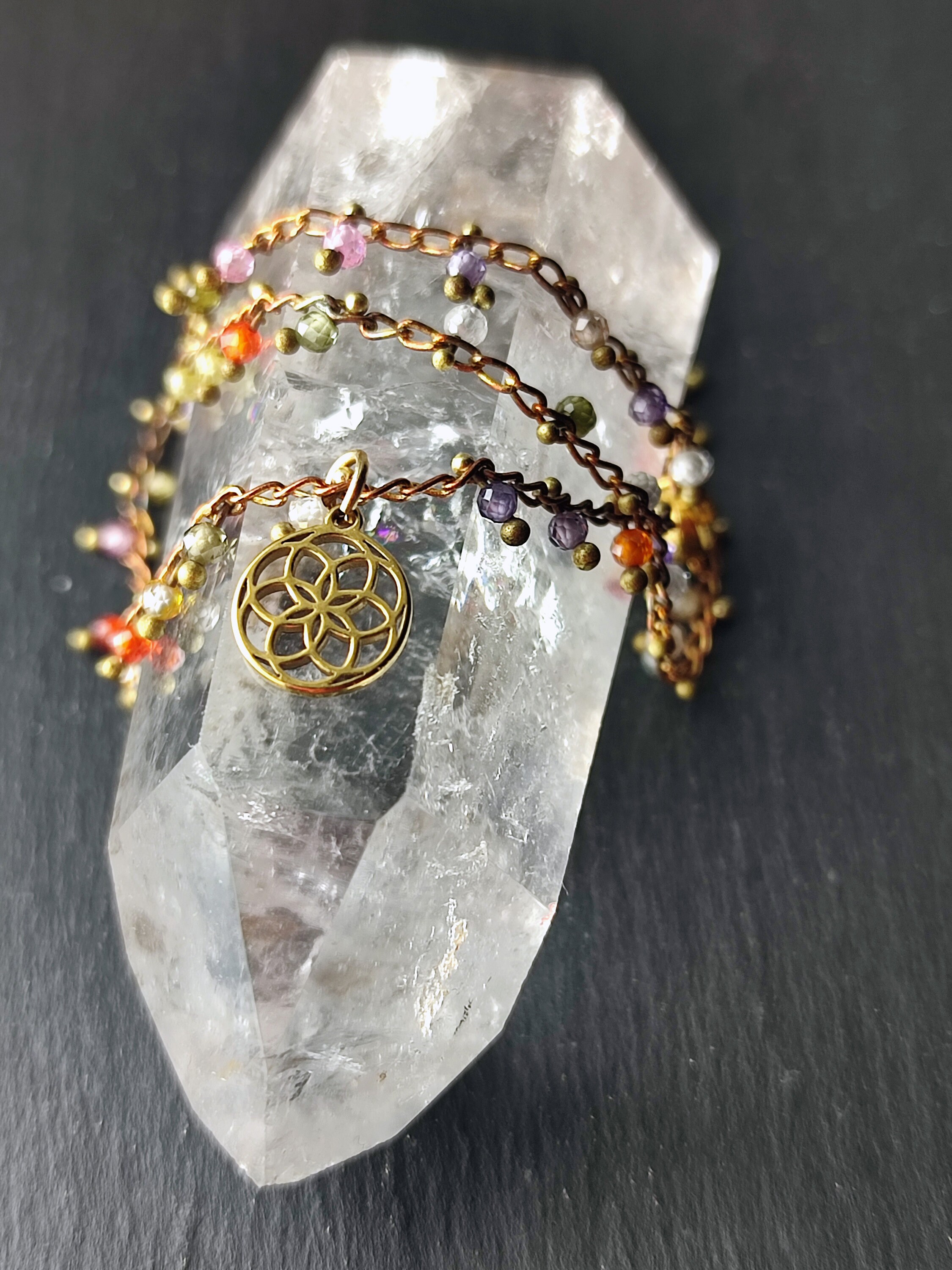 SIMBOLIKS Chain With Coloured Crystals, Stainless Steel Seed of Life ...