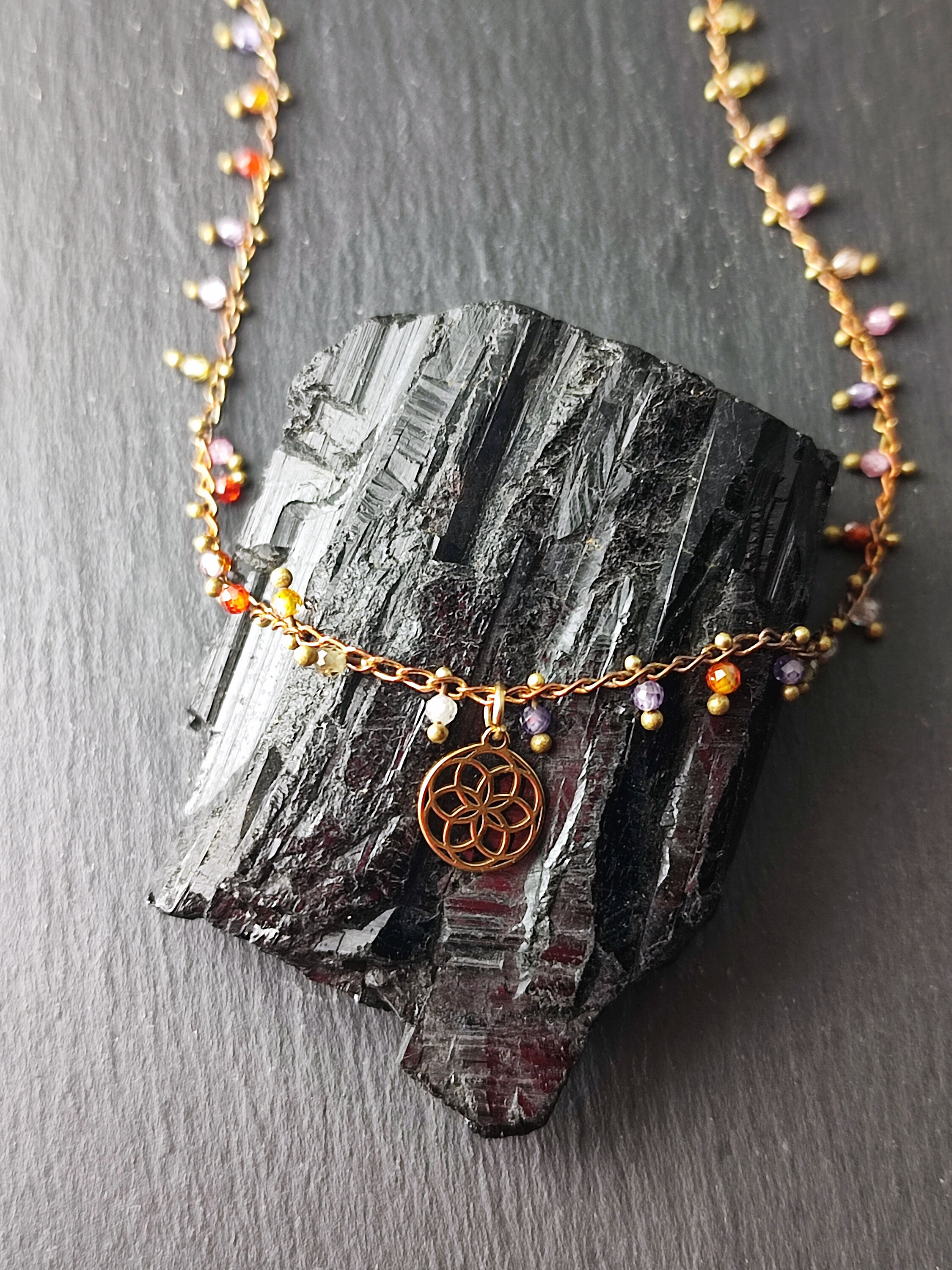 SIMBOLIKS Chain With Coloured Crystals, Stainless Steel Seed of Life ...