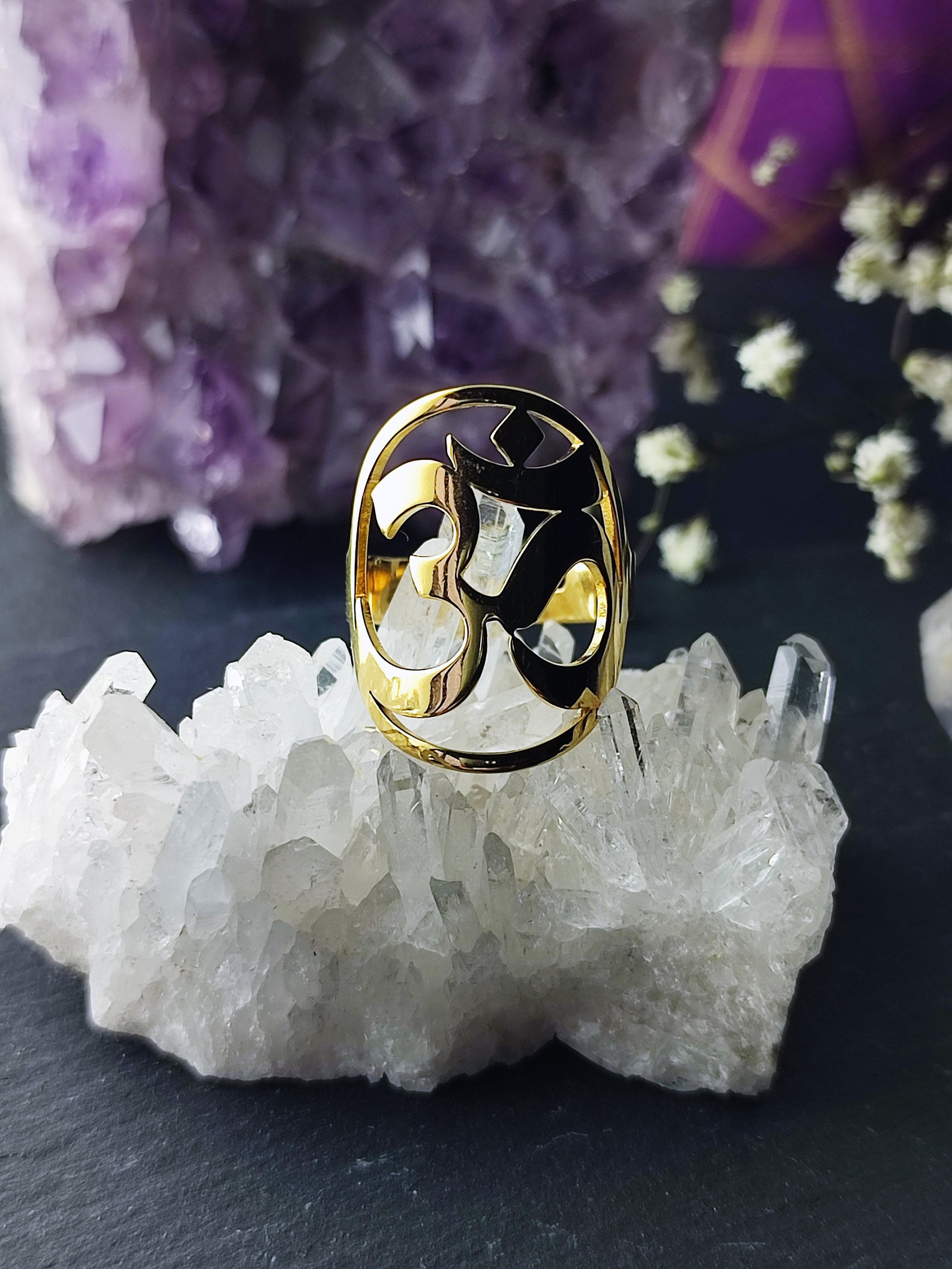 SIMBOLIKS Adjustable Stainless Steel OM Ring. Protection Ring, Mantras ...