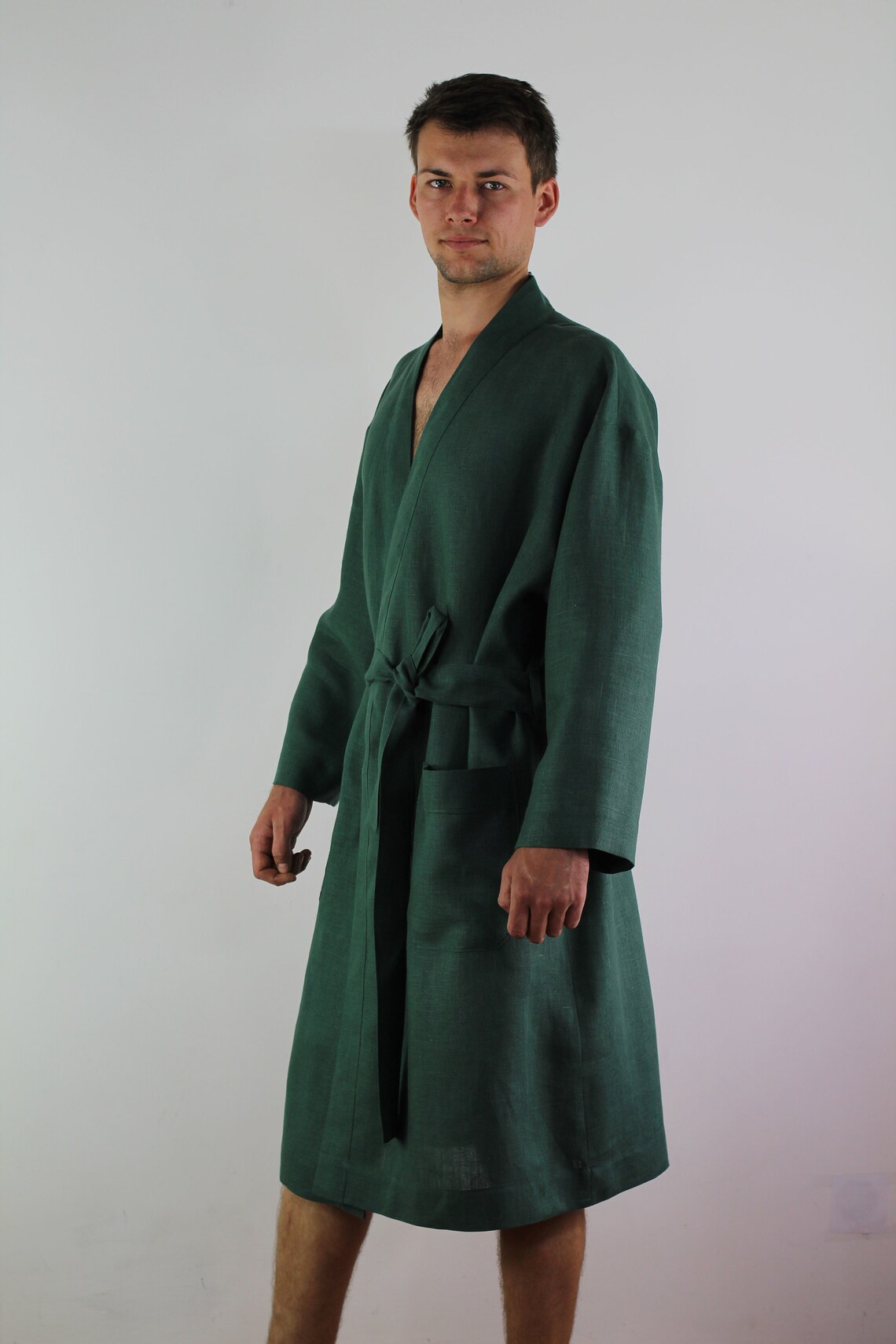 Handmade Bottle Green Bathrobe Wor Men, Kimono Robe, Pure Linen ...