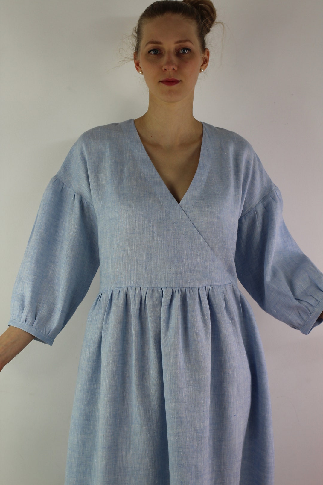 Linen Wrap Dress for Women /long Sleeves Dress/ Linen Women Dress/ Blue ...